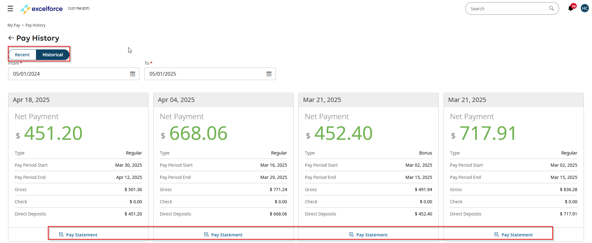 Viewing Your Pay Statements in Excelforce
